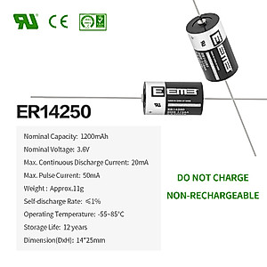 EEMB 2Pack ER14250 1/2AA 3.6V Lithium Battery with AX Solder Tabs Li-SOCL₂ Non-Rechargeable Battery XL-050F SB-AA02 LS14250 TL-5902 TL-2150 for Slot Machine/Game chip Board