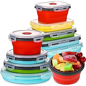 Dandat 9 Silicone Collapsible Food Storage Containers Foldable Silicone Lunch Containers Rectangle Round Airtight Collapsible Bowls with Lids Set for Kitchen Microwave Freezer Dishwasher Safe, 5 Color