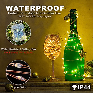 Fairy Lights 66Ft 200 LED Battery Operated String Lights with 8 Modes Remote Timer Outdoor Waterproof Warm White Copper Wire Twinkle Lights for Bedroom, Dorm, Patio, Christmas, Party, Indoor