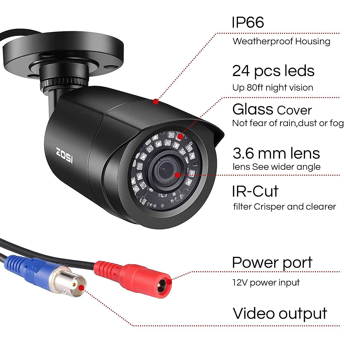 ZOSI 4 Pack 1080P 2.0MP Outdoor Indoor 3.6mm 24PCS Infrared IR Lens Day Night CCTV IR Cut Surveillance Security Camera Compatible for TVI DVR (Renewed)