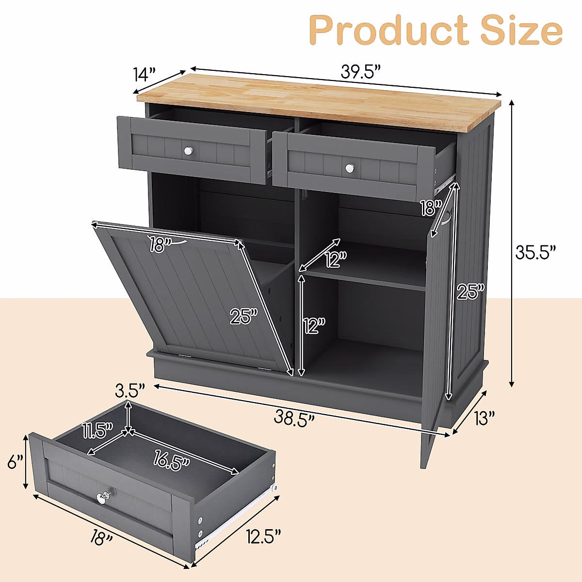 Giantex Tilt Out Trash Cabinet 15.5 Gallon, Wooden Laundry Room Cabinet, 2 Drawers, Storage Cabinet, Recycling Trash Cabinet, Kitchen Island with Garbage Can Holder, 39.5" x 14" x 35.5", Gray