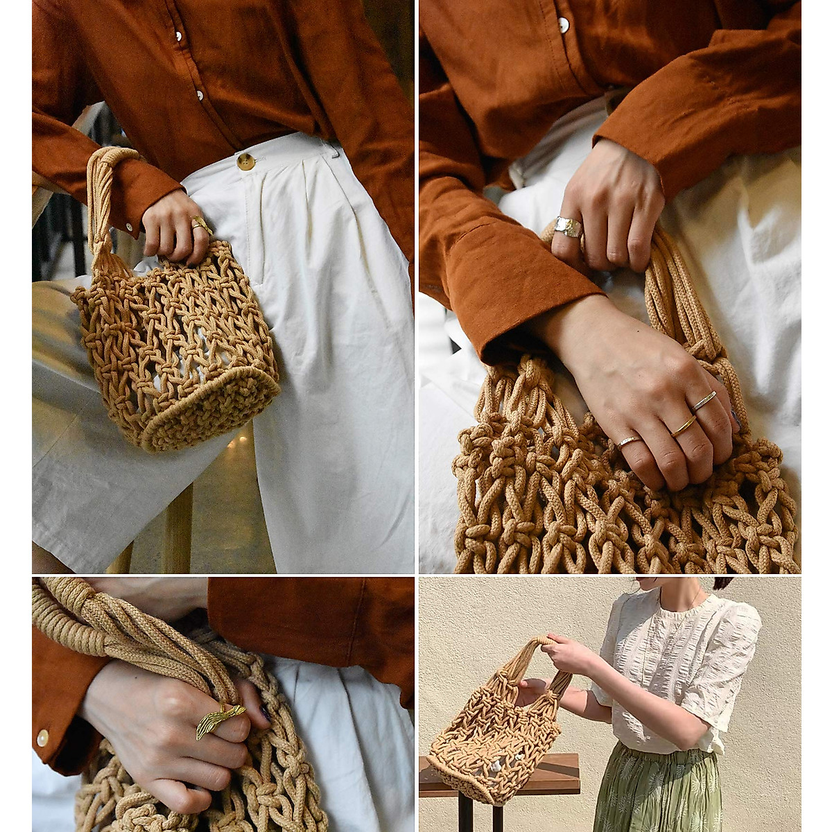 Nice Pies New Straw Bag Cotton Thread Woven Bag Portable Net Bag Casual Bucket Handbag Summer Beach Purse for Women/Girls