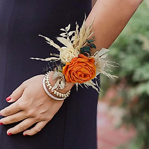 Rinlong 6pcs Dried Flower Wrist Corsage Wristlet Bridesmaid Bracelet Boho Terracotta Shoulder Corsage Wrist Flowers Wedding Bride Flower Accessories