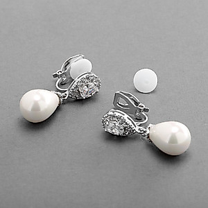 Mariell Pearl Bridal Wedding Clip-On Earrings for Bride, Pearl and CZ Non-Pierced Drop Bridal Earring