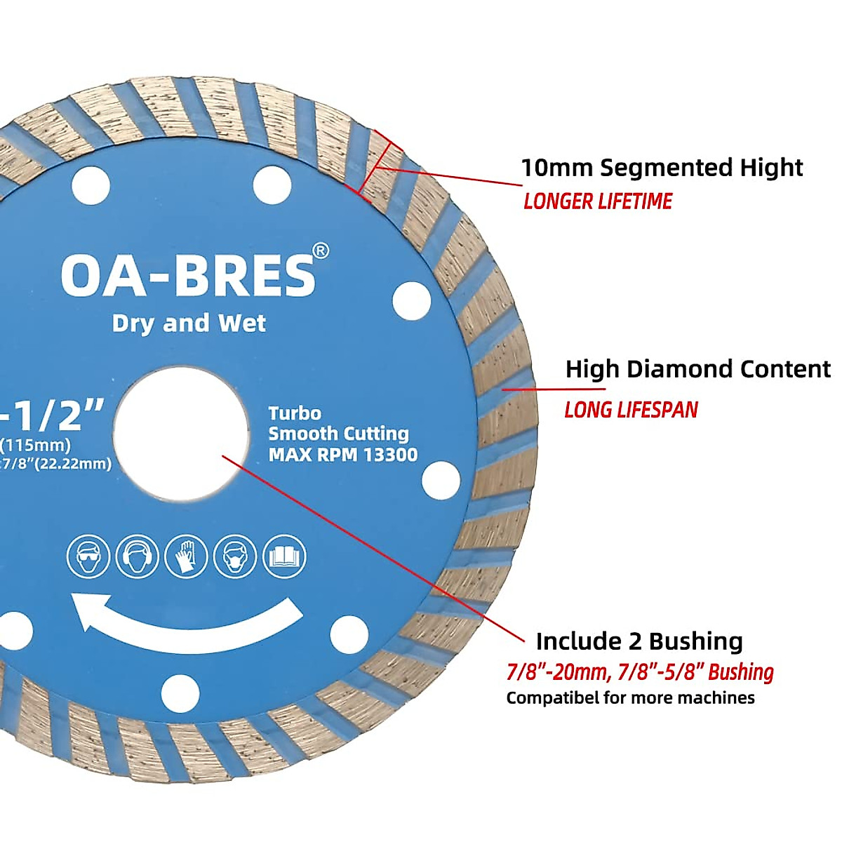 OA-BRES 4-1/2 inch Diamond Blade, Turbo Diamond Cutting Wheel for Angle Grinder, Dry and Wet Smooth Cutting for Tile Concrete Stone Masonry Brick Block, Arbor 7/8", 7/8"-5/8"and 7/8"-20mm Bushing