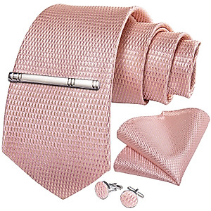 DiBanGu Plaid Ties for Men Silk Checkered Necktie and Pocket Square Cufflinks Tie Clip Set with Gift Box for Wedding Business, Rose Gold
