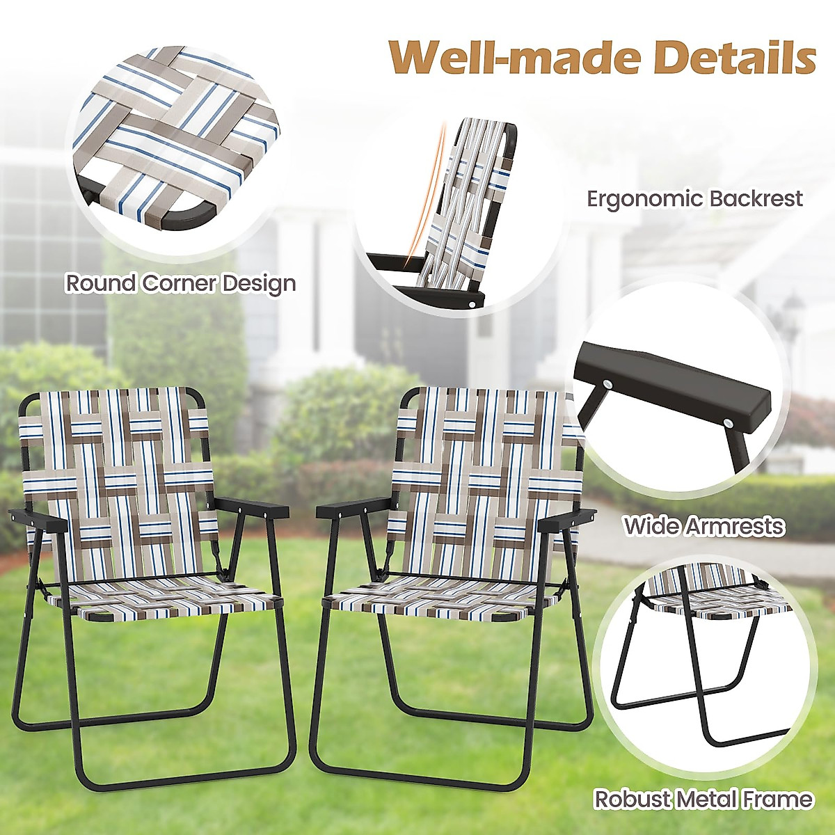 GYMAX Folding Chair, Patio Lawn Chair Set with Armrest, Indoor/Outdoor 2 Pack Webbed Lightweight Dinning Chair, Portable Beach Chair for Outside, Poolside, Backyard (Coffee, 2)