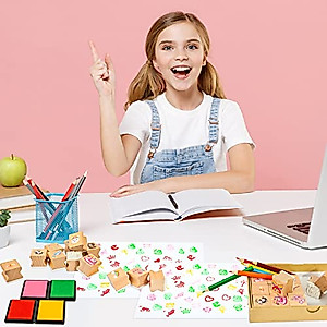 Zayvor Kids Stamps Set, Girls Wooden Rubber Stamp with Ink Pad Colored Pencil, Holiday Square Craft Stamp for Stamping Scrapbooking Crafting Booking Card Making Stocking Filler,Party Favor Gift