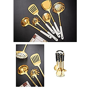 AQUAX Stainless Steel kitchenware seven Pieces Set (White Gold).Cooking Utensils 7 pcs with hanging shelf .Include Slotted Large Spoon, Soup Ladle, Spatula, Pasta spoon.