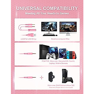 ZIUMIER Z30 Pink Gaming Headset for PS4, PS5, Xbox One, PC, Wired Over-Ear Headphone with Noise Canceling Microphone, LED Flowing RGB Light, 7.1 Surround Sound,Comfortable Earmuffs