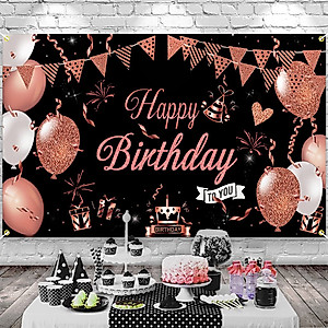 KOKAR Happy Birthday Decorations Banner, Large Black and Rose Gold Happy Birthday Banner Sign, Happy Birthday Backdrop for Girls Women Birthday Party Decorations