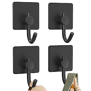 Self Adhesive Hooks,Heavy Duty Stick On Wall and Door Hooks for Hanging,Bathroom Towel Hooks and Kitchen Hallway Sticky Black Hooks,Coat Hooks Robe Hook Wall Mounted,Stainless Rustproof,4 Pack