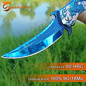 MADSMAUG Pocket Knife, 9Cr18Mo BLADE Pocket Folding Knife With Sheath, Cool 3D Dragon EDC knife, Great Gift Pocket Knife For Men Outdoor Survival Camping (Blue)