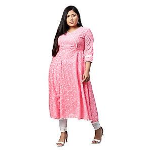 Yash Gallery Women's Plus Size Cotton Floral Print Anarkali Kurta (Light Pink)