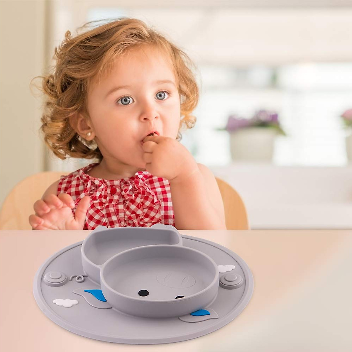 Qshare Toddler Plate, Portable Baby Plates for Toddlers and Kids, BPA-Free Strong Suction Plates for Toddlers, Dishwasher & Microwave Safe Silicone Placemat 9x6x1.4 inch Gray