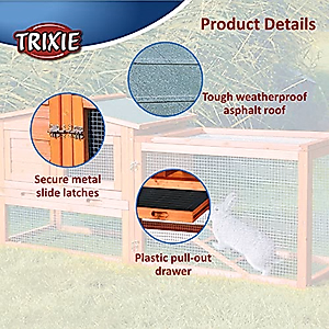 TRIXIE Natura Single Rabbit Hutch with Large Run, 2-Story with Ramp, Hinged Peaked Roof, for Rabbits or Guinea Pigs, Natural, XS