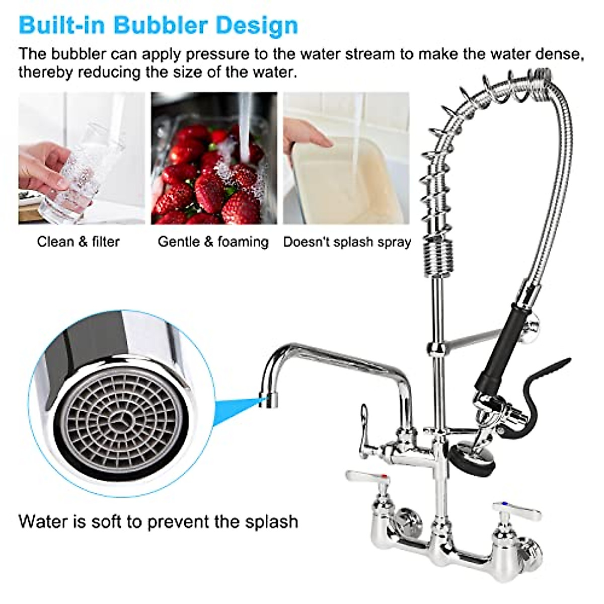 TCEUMIK Commercial Kitchen Sink Faucet with Pre Rinse Sprayer 8'' Center 25'' Height 12'' Swivel Spout Adjustable Wall-Mount Kitchen Faucet for 1, 2, 3 Industrial Restaurant Compartment Utility Sinks