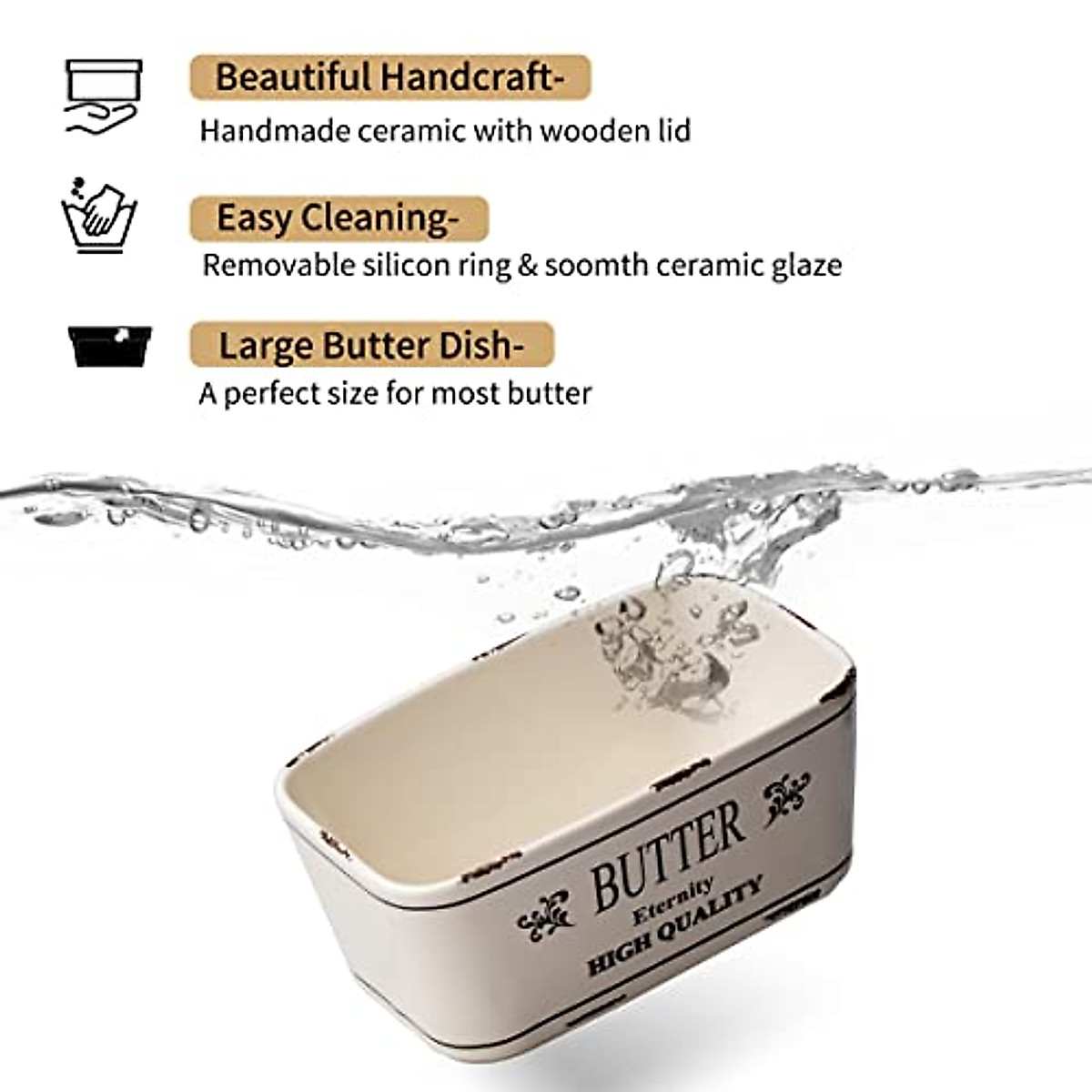 Hasense Farmhouse Butter Dish with Lid for Countertop, Butter Keeper & Holder, Large Butter Container for Fridge with Bamboo Freshness Seal, Enhance Kitchen Decor, Holds Two Sticks of Butter, White