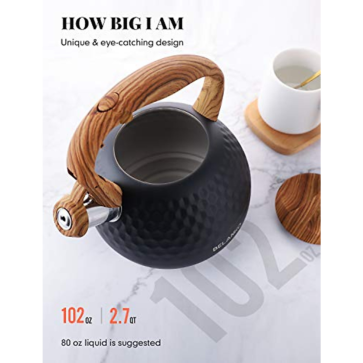 Tea Kettle, 2.7 Quart / 3 Liter BELANKO Stainless Steel Tea Kettles for Stove Top, Food Grade Teapot with Wood Pattern Handle Loud Whistling for Coffee, Milk etc, Gas Electric Applicable - Black