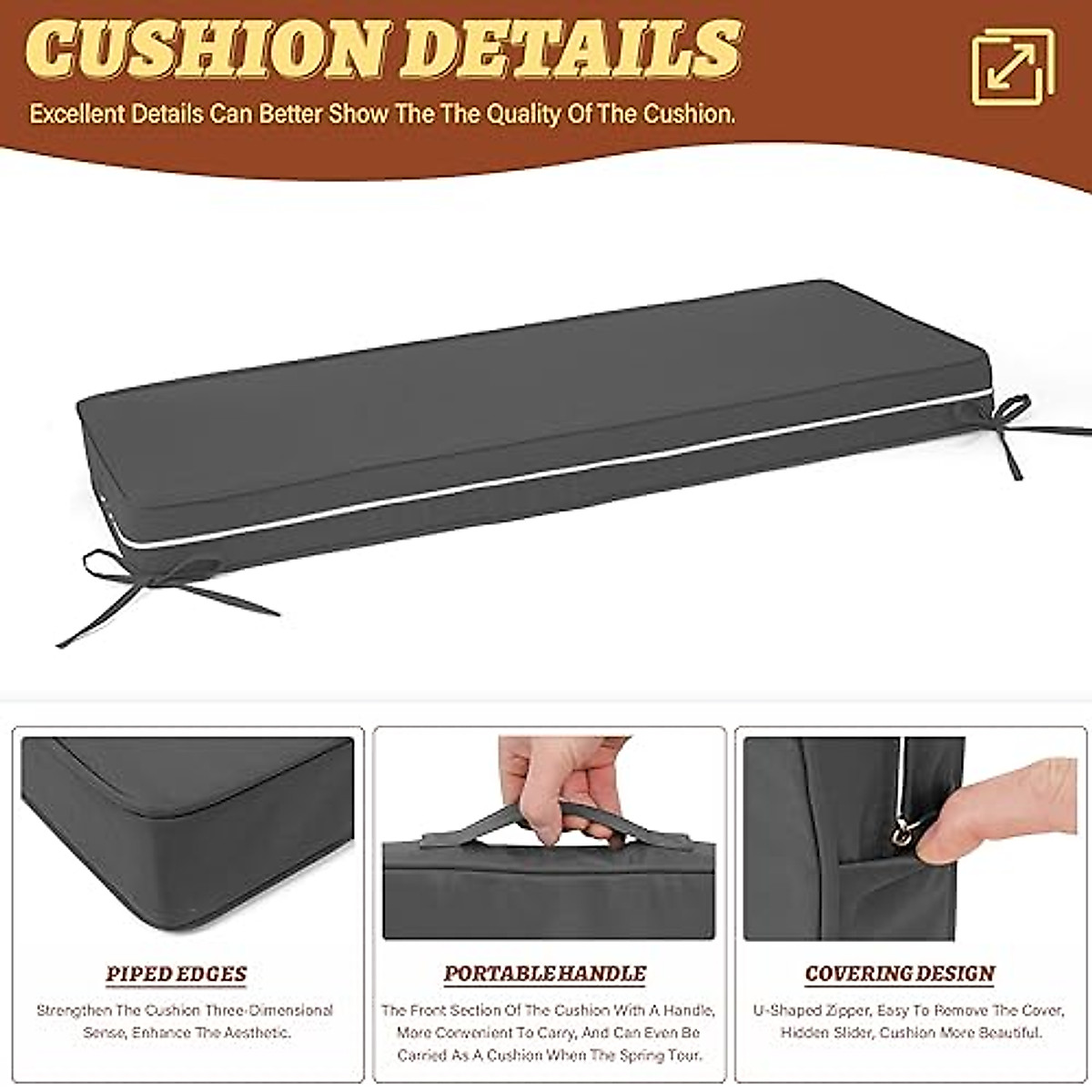 Focuprodu Bench Cushions.Double Piping Bench Cushions for Indoor/Outdoor Furniture,36x14 inchs Outdoor Bench Cushions for Courtyards, Terraces, Swing Cenches (36x14x2.5, Carbon Gray)