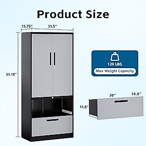 PEUKC 2-Drawer Metal File Cabinet,Lateral Filing Cabinets for Home Office,Locking File Cabinet with Storage Shelves,Legal/Letter/A4 Size Office File Cabinet,(Black Grey, Assemble Required)