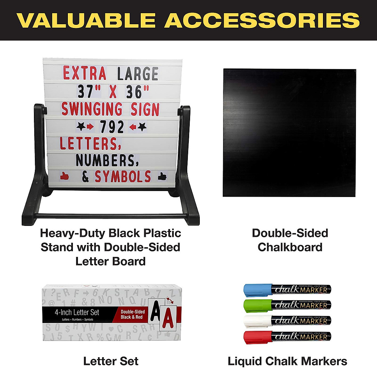 Excello Global Products Swinging Changable Message Sidewalk Sign: 37" x 36" Sign with 792 Pre-Cut Double Sided Letters and Storage Box. Includes Black Sign Board & 4 Liquid Chalkboard & Letter Board