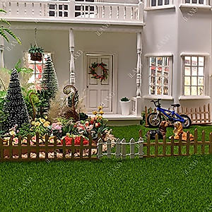 iland Fairy Garden Miniatures of Artificial Grass 4 Sheets 11.8"x 11.8" w/ 10pcs Miniature Fences & 2 Fence Doors & 1 Sign, Fake Grass for Crafts & Dollhouse Garden