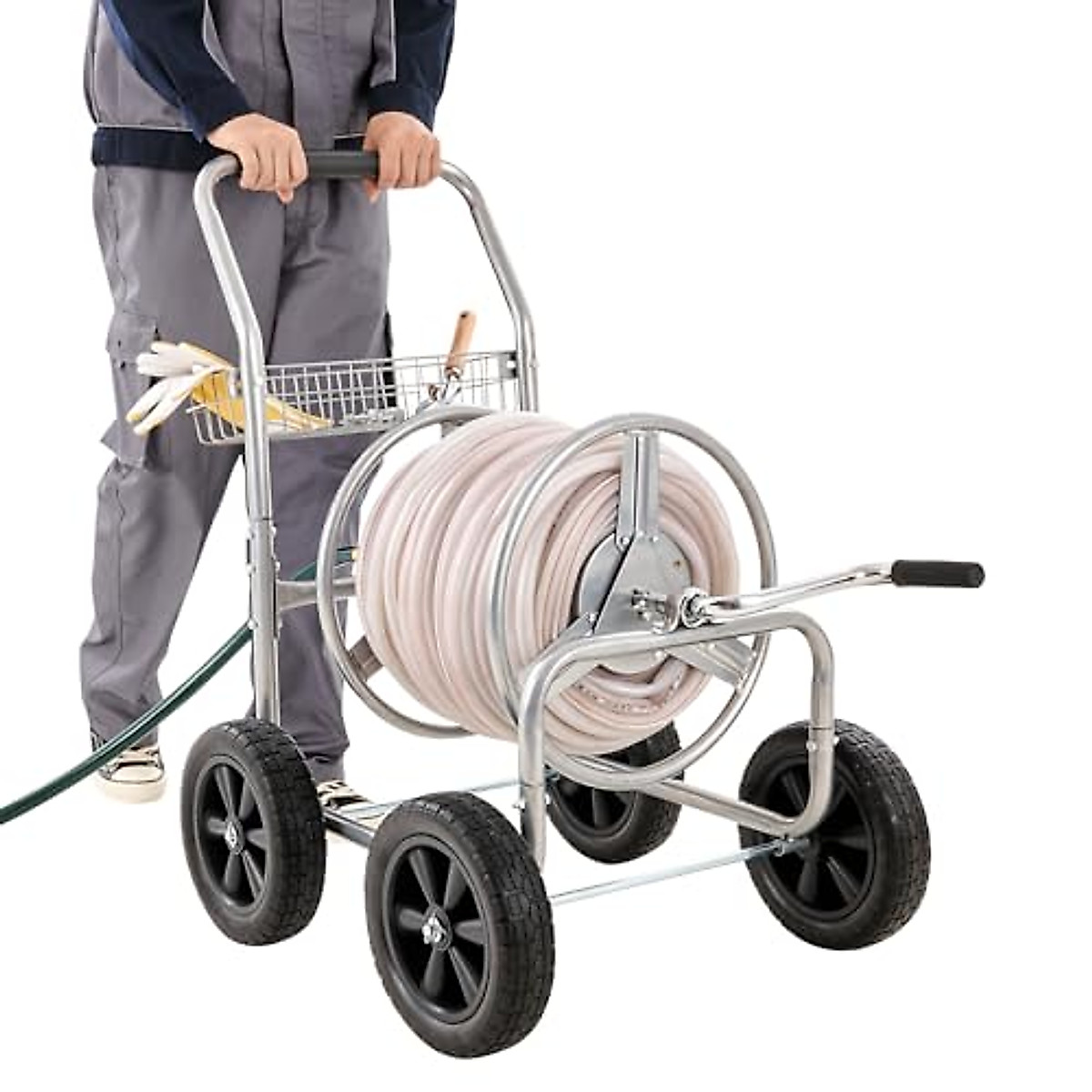 VEVOR Hose Reel Cart, Hold Up to 300 ft of 5/8’’ Hose, Garden Water Hose Carts Mobile Tools with 4 Wheels, Heavy Duty Powder-Coated Steel Outdoor Planting with Storage Basket, for Garden, Yard, Lawn