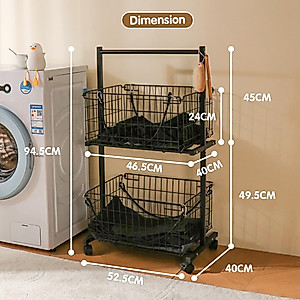 2 baskets rolling laundry basket for garments storage, easy moved with wheels have brake, Laundry basket, white and black，rolling basket (BLACK)