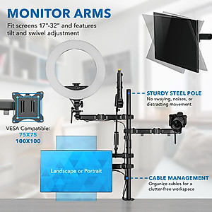 Mount-It! All in One Live Streaming Equipment | 5 Arm Streaming Desk Mount That Holds Dual Monitors, Cameras and Ring Light with Mic | YouTube Setup for Recording and Facebook Live Equipment