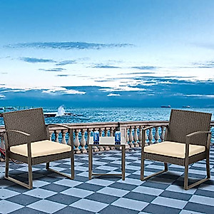 BPS 3 Pieces Patio Furniture Set, Outdoor Rattan Wicker Chairs with Table, 3 Pcs Sofa Set with Cushion, Conversation Furniture for Garden Poolside