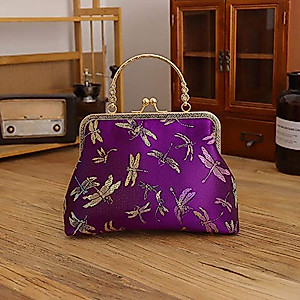 Handmade Retro Floral Print Satin Clutch Bag Vintage Women Dress Evening Wedding Clasp Frame Purse Top Handle Party Handbag (Purple Fly Print)
