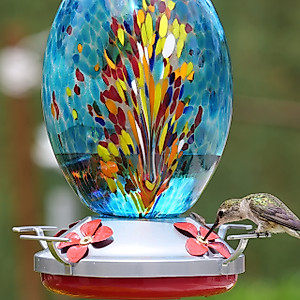 Muse Garden Hummingbird Feeders for Outdoors Hanging, Blown Glass Hummingbird Feeder, for Garden Backyard Decor, Unique Gifts Idea for Mom Older Women, 27OZ, Blue Fireworks