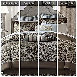 Madison Park Aubrey Cozy Comforter Set, Faux Silk Jacquard Paisley Design - All Season Down Alternative Bedding with Cotton Bed Sheets, Bed Skirt & Toss Pillows, Queen Blue 12 Piece