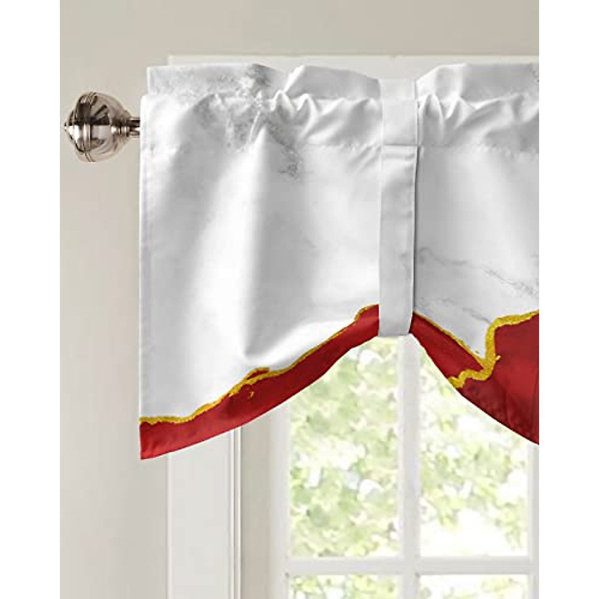 FAMILYDECOR Kitchen Valances for Windows, Elegant Adjustable Window Treatments with Tie-up, White Gold and Red Plated Marble Window Valance Curtains for Living Room/Bedroom 60x18in