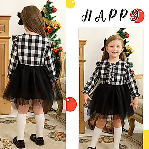 YOUNGER TREE Toddler Kids Girls Clothes Christmas Dress Ruffle Red Plaid Black Mesh Skirt Outfits Overall Fall Winter (3-4T, Black White Plaid mesh Dress)