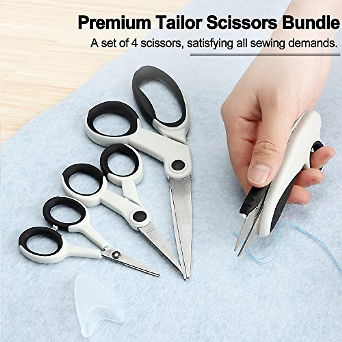 Premium Tailor Sewing Scissors Bundle, 8.1" Heavy Duty Sharp Fabric Scissors, 5.1"/4" Detail Embroidery Scissors, 5" Thread Snips with Comfort Grip (Grayish White)