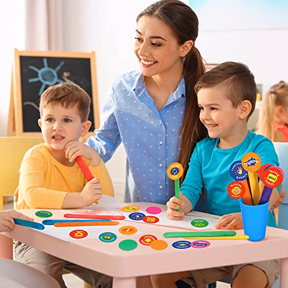 122 Pcs Good Behaviour Buckets Classroom Educational Supplies Include 60 Educational Classroom Movement Cards 60 Wooden Sticks and 2 Pcs Plastic Cup with Adhesive Social Emotional Toy for Kids