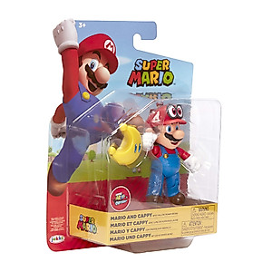 Super Mario Nintendo Collectible Mario Wearing Cappy 4" Poseable Articulated Action Figure with Yellow Power Moon Accessory, Perfect for Kids & Collectors Alike! for Ages 3+ (401344)