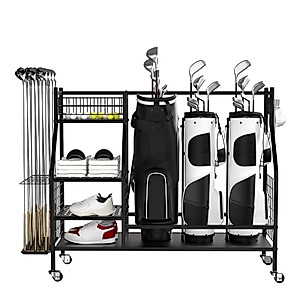 HoneySky Golf Storage Organizer for Garage, Double Golf Bag Stand Storage Rack with Lockable Wheels, Extra Large Golf Organizer for Golf Clubs and Golf Accessories, Ideal Gifts for Golfer