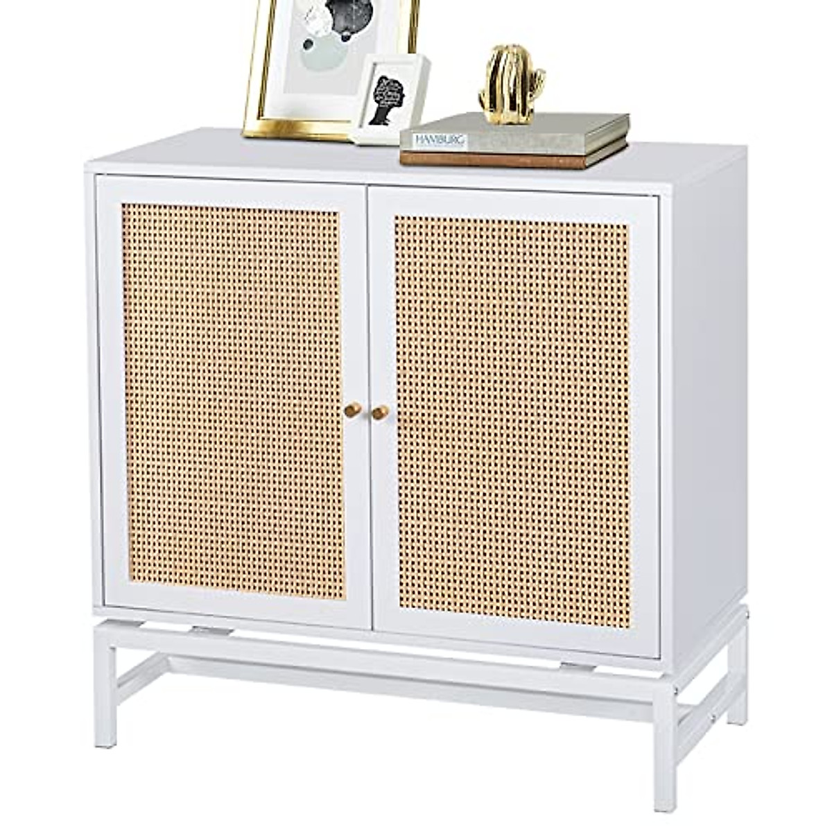 Recaceik Ratten Sideboard Buffet Cabinet/Console Table, Natural Accent Storage Cabinet with 2 Ratten Doors and Metal Legs, Rustic Wood Sideboard Furniture for Bedroom, Kitchen