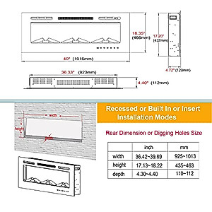 Joytain Electric Fireplace 40 inch Recessed and Wall Mounted, 750w/1500w Thin Wall Fireplace Heater with Timer, Remote Control, Adjustable Flame Colors for Living Room Bedroom, Black