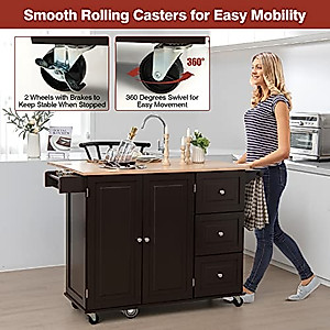 GOFLAME Kitchen Island Cart with Drop Leaf, Rolling Kitchen Cart on Wheels with Rubber Wood Top, 3 Drawers, Towel & Spice Rack, 2-Door Cabinet, Serving Trolley Cart for Kitchen Dining Room (Brown)