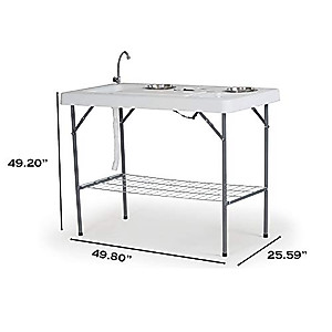 Old Cedar Outfitters Deluxe Fish Fillet Table, or Portable Folding Camping Kitchen with Cutting Board, Bowls, Knife, Odor Bar, Sink, Drain and More! 49.8" x 25.6" x 37.2", White,Camp