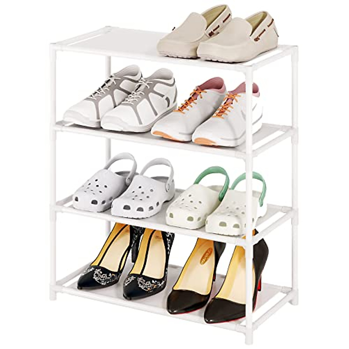 Vockot Small Shoe Rack 6-8 Pairs Sturdy Shoe Shelf 4-Tiers Narrow Stackable Shoe Organizer,Lightweight Kids Shoe Racks for Entryway, Doorway and Closet（White）