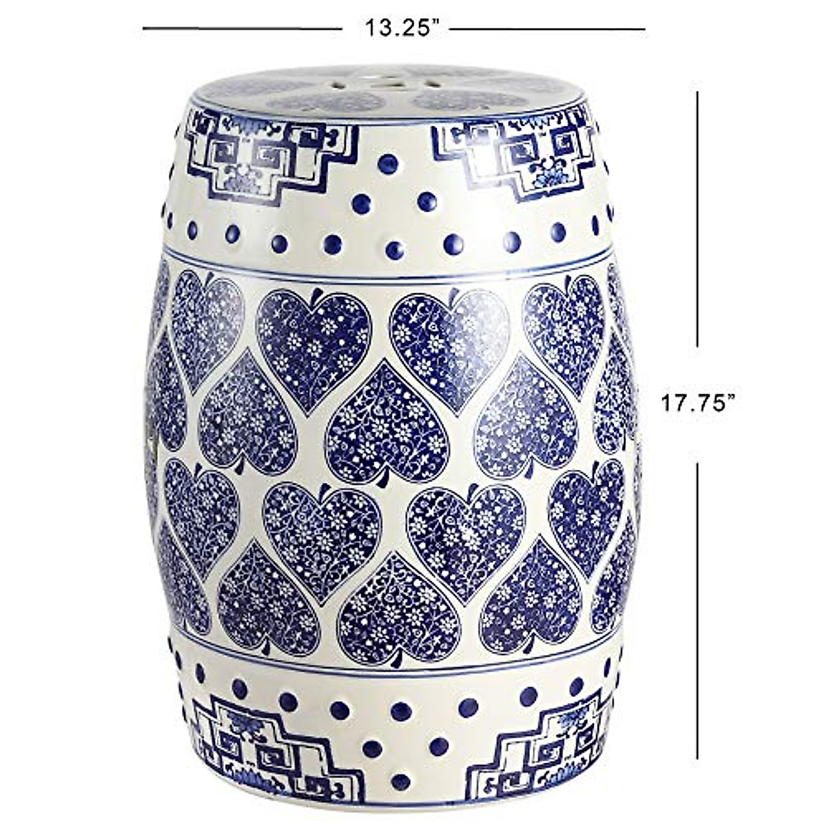 JONATHAN Y TBL1014A Happy Hearts 17.8" Chinoiserie Ceramic Drum Garden Stool, Bohemian, Coastal, Cottage, French Country, Traditional, Transitional, Side Table, Plant Stand, Spill-Proof, Blue/White
