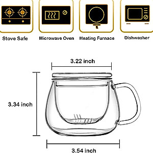 Hantran Tea Infuser Cups with Strainer and Lid, 13 ounce Heat Resistance Borosilicate Glass Teacups for Blooming Tea & Loose Leaf Tea, Microwave & Dishwasher Safe - For Tea Lovers