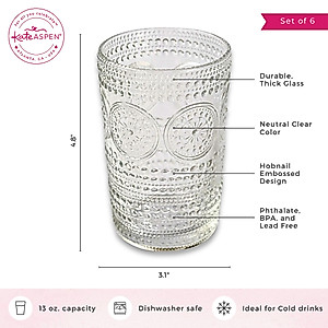 Kate Aspen Hobnail Beaded Floral Clear Drinking Glasses Set of 6, (13 oz) Vintage Glassware Set Cocktail Glass Set, Juice Glass, Water Cups | Great Hostess Gift & Gift for New Home Owners