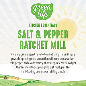 GreenLife Salt and Pepper Grinder, Mess-Free Ratchet Mill, Adjustable Coarseness and Easily Refillable, Black 1/3 Cup Capacity