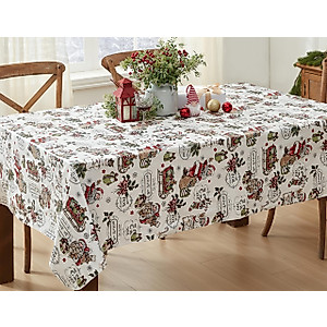 Newbridge Vintage Nostalgia Home for Holidays Print Flannel Back Vinyl Christmas Tablecloth - Vintage Santa Claus, Snowman and Sleigh Xmas Wipe Clean Easy Care Tablecloth, 52" x 52" Square